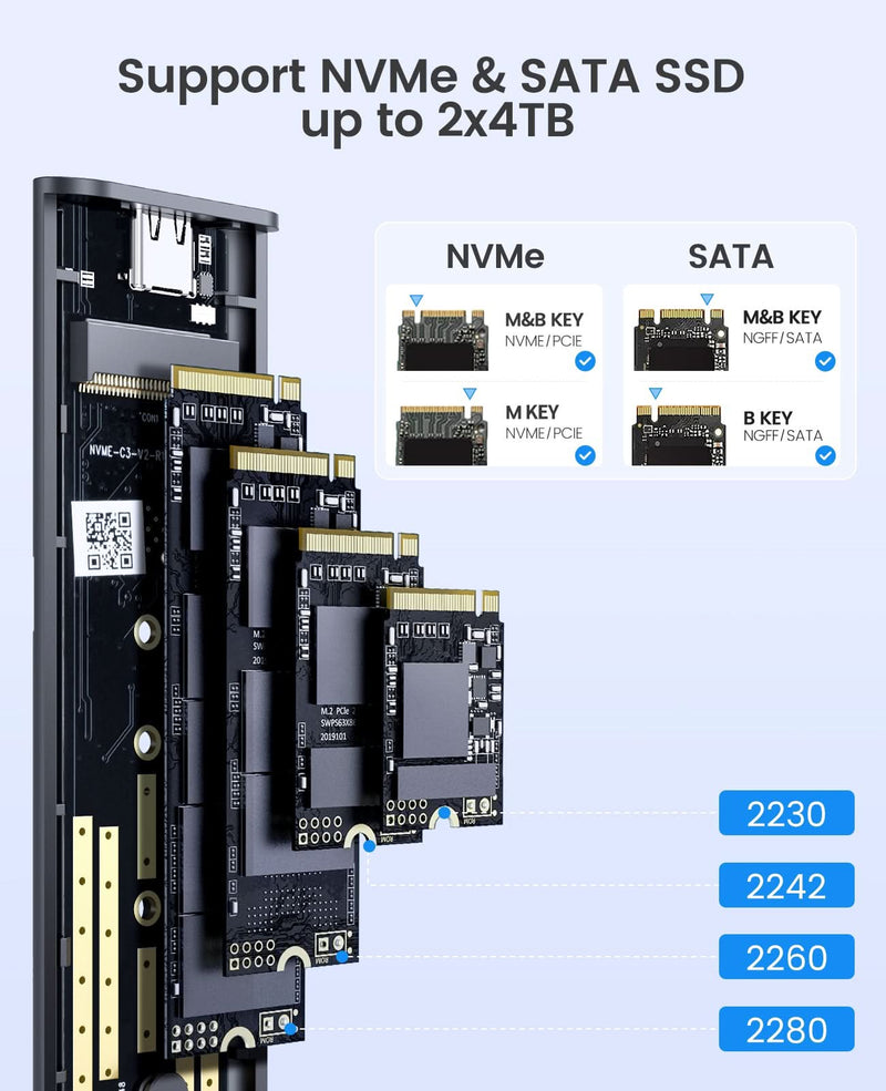 ORICO Aluminum Dual-bay M.2 NVME + SATA SSD Enclosure - High-Speed Data Transfer and Efficient ...