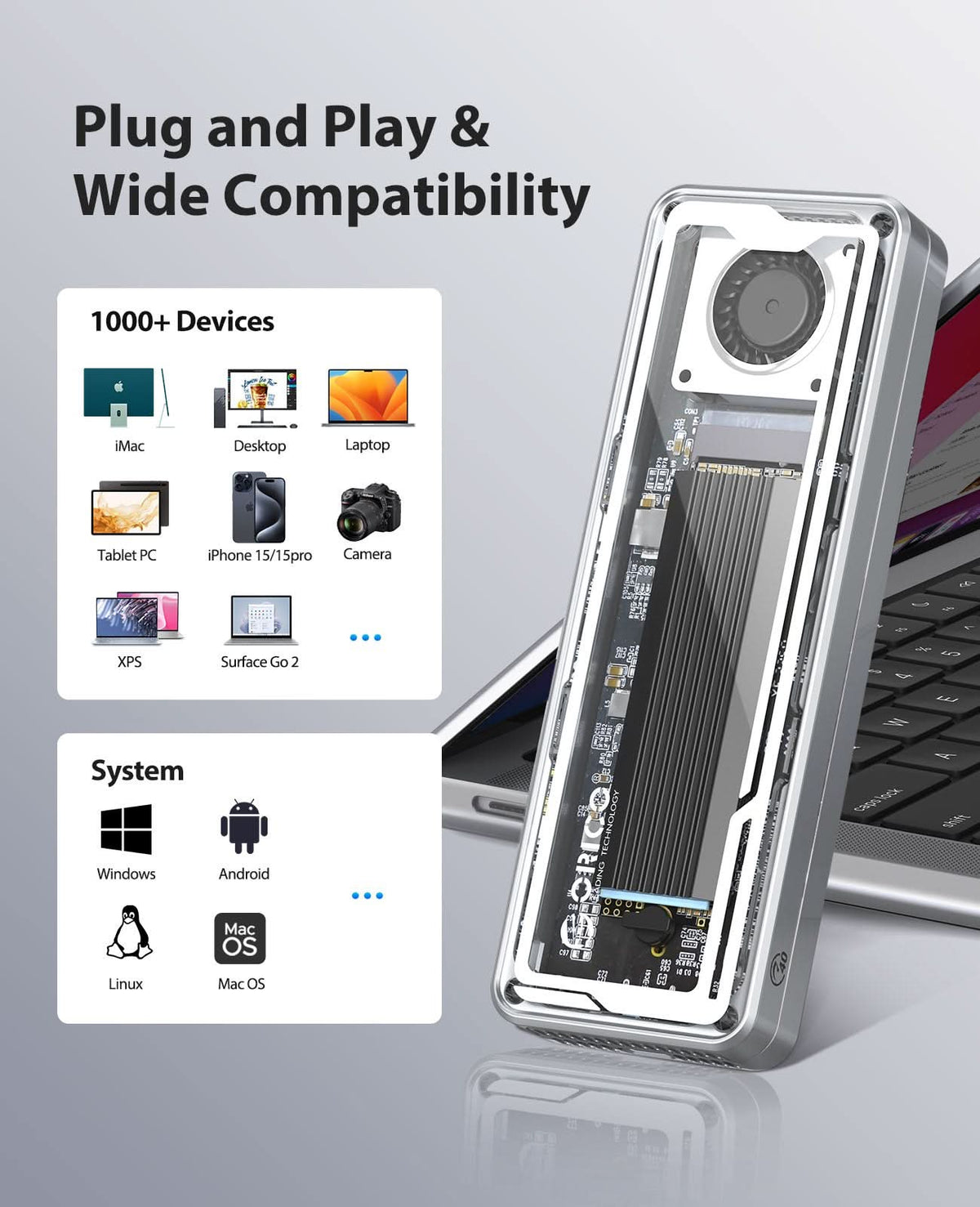 ORICO Transparent USB4 40Gbps NVMe SSD Enclosure with Fan